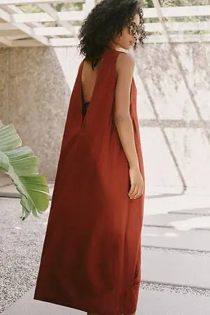 CELANDINE Plunge-neck Linen Blend Maxi Dress - Brown