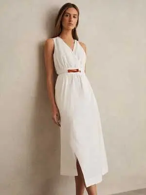 REISS Brianne Poplin Belted Midi Dress