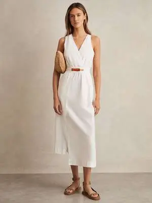 REISS Brianne Poplin Belted Midi Dress