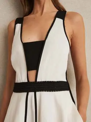 REISS Valencia Contrast Trim Linen Midi Dress