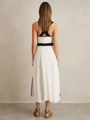REISS Valencia Contrast Trim Linen Midi Dress