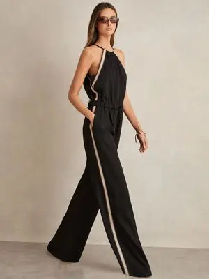 REISS Auden Halterneck Jumpsuit With Craft Stitch - Black
