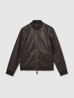 REISS Cast Leather Bomber Jacket - Brown