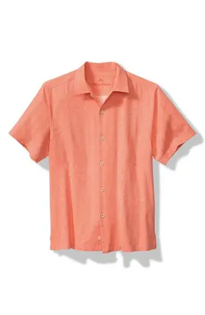 Tommy Bahama Maui Border Silk Short Sleeve Button-up Shirt Bright Peach
