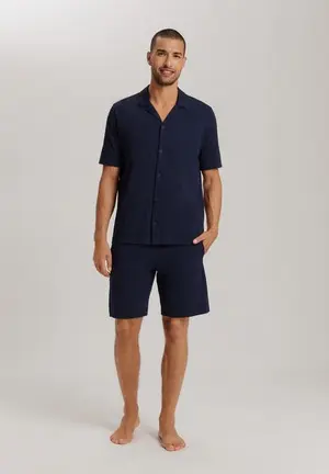 Hanro Night And Day Notch Collar Button Front Cotton Shirt - Deep Navy