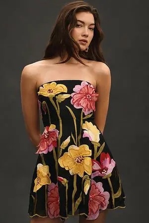 Anthropologie Floral Organza Mini Dress Black