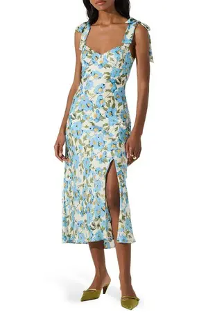 Astr The Label Bow Strap Satin Dress - Blue Floral