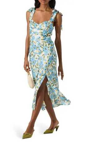 Astr The Label Bow Strap Satin Dress - Blue Floral