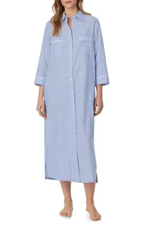 Eileen West Cotton Lawn Long Sleep Shirtdress - Blue Stripe
