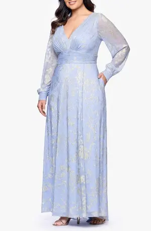 Betsy & Adam Metallic Jacquard Gown - Peri/gold