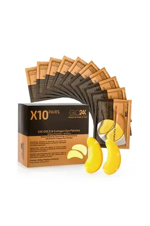 GLO24K 24k &amp Collagen Eye Patches Pack Of 10 Pairs/ 20 Patches - Gold