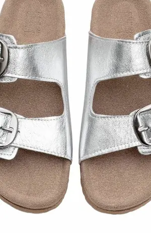 FOREVER & ALWAYS SHOES Ovesta Leather Slide Sandal - Silver Leather
