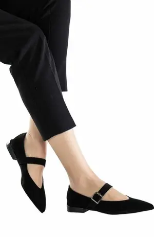 FOREVER & ALWAYS SHOES Willow Leather Mary Jane Flats - Black Suede Leather