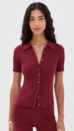 LE BOP Ribbed Knit Button-up Top - Oxblood