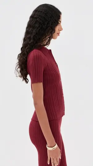 LE BOP Ribbed Knit Button-up Top - Oxblood