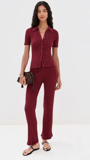 LE BOP Ribbed Knit Button-up Top - Oxblood