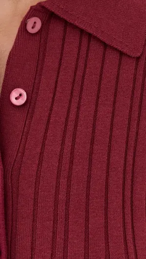 LE BOP Ribbed Knit Button-up Top - Oxblood