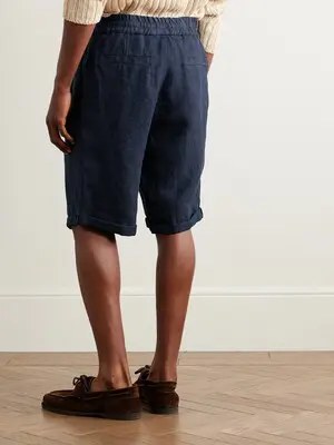 Brunello Cucinelli Straight-leg Pleated Linen Bermuda Shorts - Blue