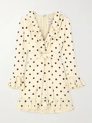 Valentino Garavani Belted Ruffled Polka-dot Wool And Silk-blend Mini Dress - Off-white