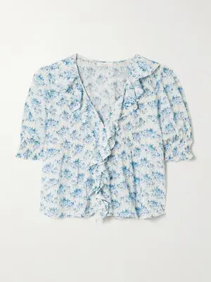 DÔEN Henri Floral-print Organic Cotton-voile Top - Blue