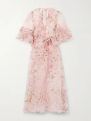 Rosamosario Blooming Allure Belted Floral-print Silk-chiffon Robe - Pink