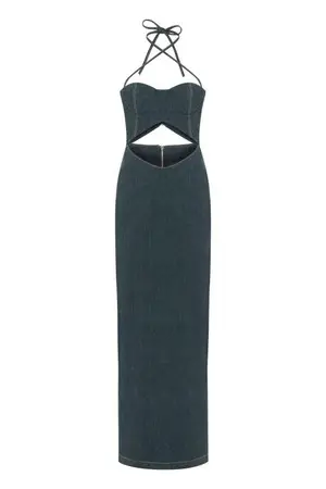 JENDUE Monte Maxi Denim Dress With Halter Neck And Cutout Waist