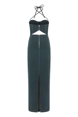 JENDUE Monte Maxi Denim Dress With Halter Neck And Cutout Waist