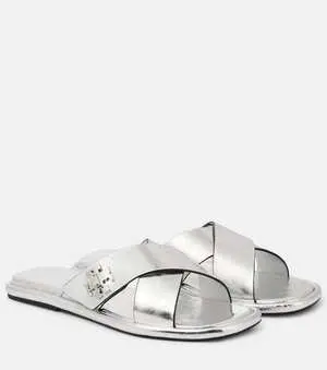 Tory Burch T Lock Metallic Leather Slides
