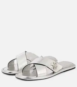 Tory Burch T Lock Metallic Leather Slides