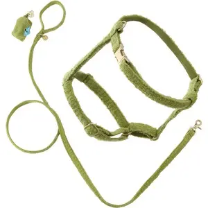 THE LICKER STORE Teddy Bouclé Adjustable H Harness And Leash Walk Set With Poop Bag Pouch - Olive Green