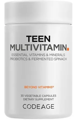CODEAGE Teen Multivitamin, Vitamins A, C, D3, B6, B12, Iron, Zinc, Probiotics - White