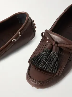 Brunello Cucinelli Tasseled Fringed Bead-embellished Leather Loafers - Brown