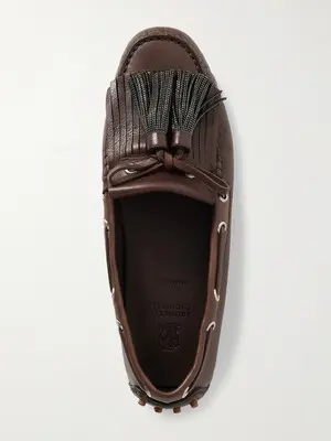 Brunello Cucinelli Tasseled Fringed Bead-embellished Leather Loafers - Brown