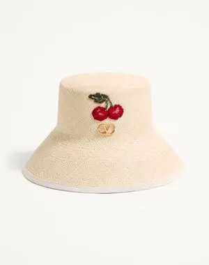 Valentino Garavani Valentino Garavani VLogo Signature Straw Bucket Hat With Cherryfic Embroidery Natural/multicolour