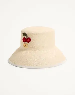 Valentino Garavani Vlogo Signature Straw Bucket Hat With Cherryfic Embroidery - Natural/multicolour