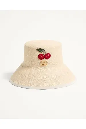 Valentino Garavani Vlogo Signature Straw Bucket Hat With Leather Trim And Cherry Embroidery - Multicolor