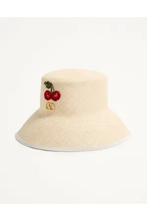 Valentino Garavani Vlogo Signature Straw Bucket Hat With Leather Trim And Cherry Embroidery - Multicolor
