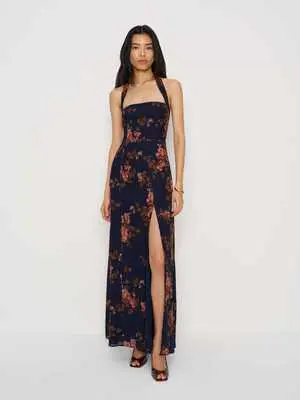 REFORMATION Jovelle Halterneck Maxi Dress With Slit - Blue