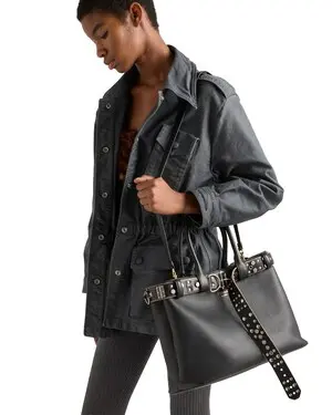 Prada Leather Handbag With Studded Belt - Black