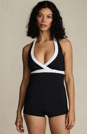 LANDS' END V-neck Halter Tankini Top - Black/white