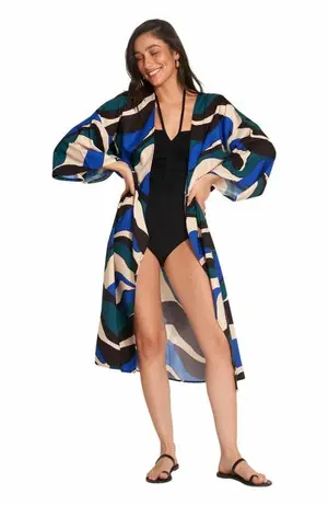 GOTTEX BEACH LIFE Iris Midi Swim Cover Up Kimono - Multi/blu