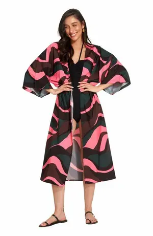 GOTTEX BEACH LIFE Iris Midi Swim Cover Up Kimono - Multi/pink
