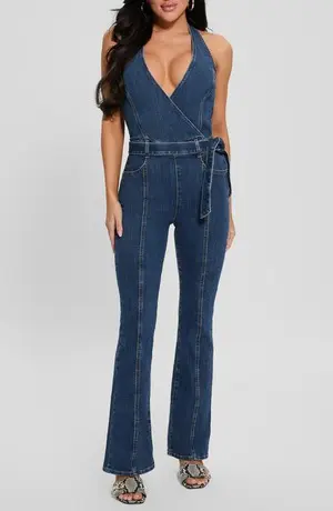 Guess Claire Halter Neck Denim Jumpsuit - William