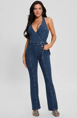Guess Claire Halter Neck Denim Jumpsuit