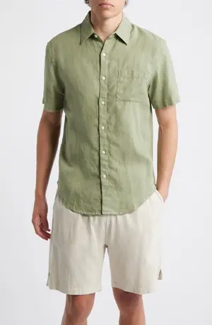 ALEX CRANE Ola Linen Short Sleeve Button-up Shirt - Moss