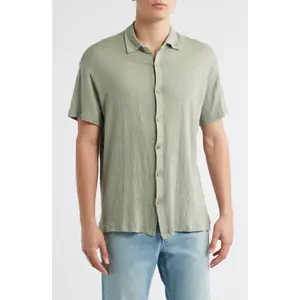 ALEX CRANE Ola Linen Knit Short Sleeve Button-up Moss