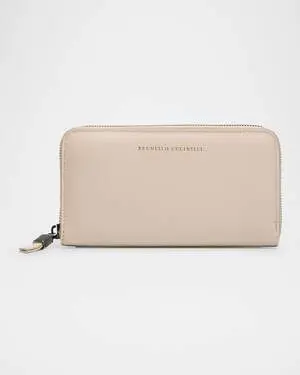 Brunello Cucinelli Zip Leather Continental Wallet - Ivory