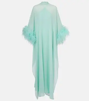 TALLER MARMO Penelope Feather-trimmed Silk Kaftan - Blue