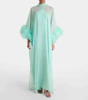 TALLER MARMO Penelope Feather-trimmed Silk Kaftan