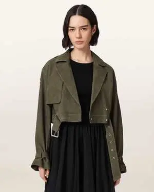 ALLSAINTS Ophelia Cropped Suede Jacket - Green
